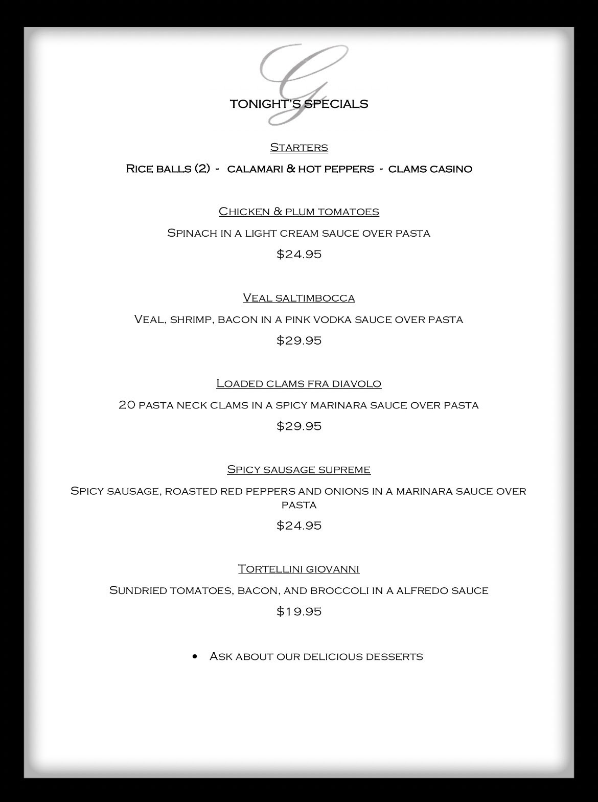 Blackboard Specials - Giovanni's Jamison